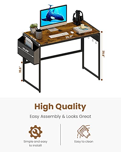 AWQM Computer Desk 39 Inch, Home Office Work Desk Laptop Desk with Side Bag, Study Writing Table Desktop Table with Iron Hook, Workstation for Small Spaces, Antique Brown