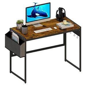 AWQM Computer Desk 39 Inch, Home Office Work Desk Laptop Desk with Side Bag, Study Writing Table Desktop Table with Iron Hook, Workstation for Small Spaces, Antique Brown