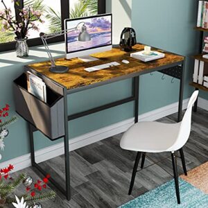 AWQM Computer Desk 39 Inch, Home Office Work Desk Laptop Desk with Side Bag, Study Writing Table Desktop Table with Iron Hook, Workstation for Small Spaces, Antique Brown