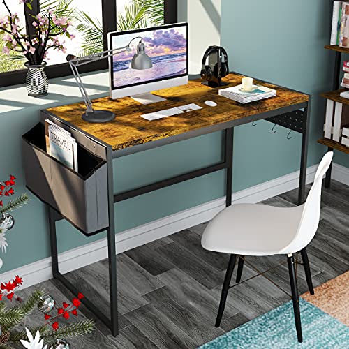 AWQM Computer Desk 39 Inch, Home Office Work Desk Laptop Desk with Side Bag, Study Writing Table Desktop Table with Iron Hook, Workstation for Small Spaces, Antique Brown