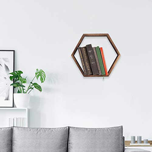 IZB HOME Hexagon Shelves Honeycomb Shelves - Hexagon Floating Shelves Set of 3 Hexagon Shelf, 3 Movable Mid Plates Included - Natural Torched Brown