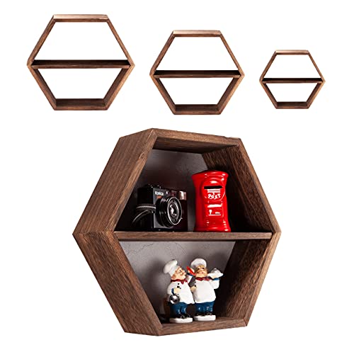 IZB HOME Hexagon Shelves Honeycomb Shelves - Hexagon Floating Shelves Set of 3 Hexagon Shelf, 3 Movable Mid Plates Included - Natural Torched Brown