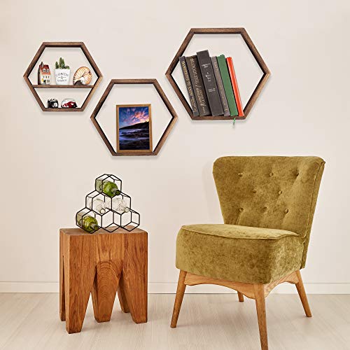 IZB HOME Hexagon Shelves Honeycomb Shelves - Hexagon Floating Shelves Set of 3 Hexagon Shelf, 3 Movable Mid Plates Included - Natural Torched Brown