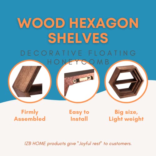 IZB HOME Hexagon Shelves Honeycomb Shelves - Hexagon Floating Shelves Set of 3 Hexagon Shelf, 3 Movable Mid Plates Included - Natural Torched Brown