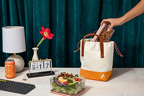 PrepdeckGO Lunch Bag - Stylish, Compact Adult Lunch Tote - Roomy & Lightly Insulated Interior - Drawstring Bag Closure & Vegan Leather Handles - Easy to Clean - Perfect for Work, Picnic, or Travel