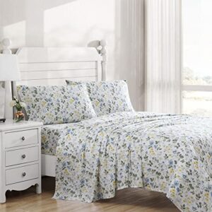 laura ashley home - king sheets, soft sateen cotton bedding set - sleek, smooth, & breathable home decor, meadow floral blue