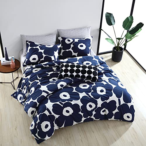 Marimekko - Queen Comforter Set, Cotton Bedding with Matching Shams, Lightweight Home Decor for All Seasons (Unikko Indigo, Queen)