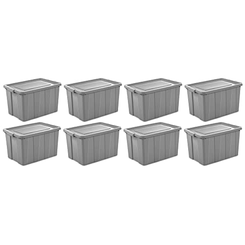 Sterilite Tuff1 30 Gallon Plastic Stackable Temperature and Impact Resilient Basement/Garage/Attic Storage Tote Container Bin with Lid, Gray (8 Pack)