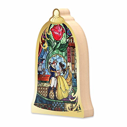 Open Road Brands Disney Beauty and The Beast Stained Glass Shelf Sitter Decor - Chunky Wood Tabletop Decoration Featuring Belle and The Beast