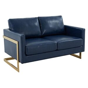 leisuremod lincoln modern mid-century upholstered leather loveseat with gold frame, navy blue