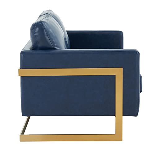 LeisureMod Lincoln Modern Mid-Century Upholstered Leather Loveseat with Gold Frame, Navy Blue