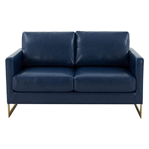 LeisureMod Lincoln Modern Mid-Century Upholstered Leather Loveseat with Gold Frame, Navy Blue