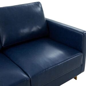 LeisureMod Lincoln Modern Mid-Century Upholstered Leather Loveseat with Gold Frame, Navy Blue