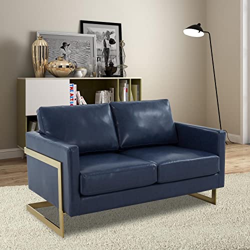 LeisureMod Lincoln Modern Mid-Century Upholstered Leather Loveseat with Gold Frame, Navy Blue