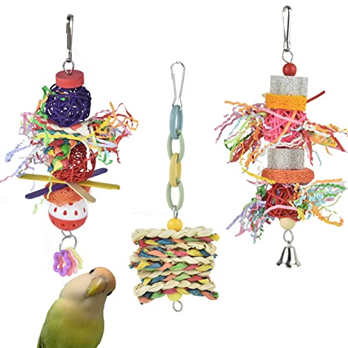 3 Pack Bird Shredding Chewing Parakeet Toys, Hanging Parrot Shredder Conure Foraging Cage Toy, Bird Treats Feeder Toys with Bird Beak Grinding Stone Loofah Ball for Cockatiel Budgie Canaries Lovebirds