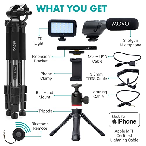 Movo iVlogger Vlogging Kit for iPhone with Fullsize Tripod - Lightning Compatible Vlog Kit- Accessories: Tripods, Phone Mount, LED Light and Shotgun Mic for YouTube Starter Kit