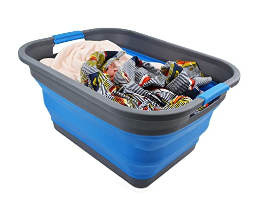 SAMMART 36L (9.5 gallon) Collapsible Plastic Laundry Basket-Foldable Pop Up Storage Container/Organizer-Portable Washing Tub-Space Saving Hamper, Water capacity: 28L(7.4 gallon) (1, Grey/Blue)