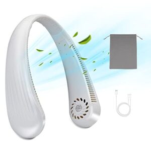 mq portable neck fan, cooling personal fans hands free bladeless fan 3 speeds adjustment rechargeable usb powered wearable headphone design hanging neck fan personal fan, white