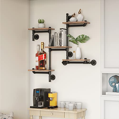 MAIKAILUN Industrial Floating Pipe Wall Mounted Shelves Rustic Modern Wood Shelving Bookcase 5 Layer Ladder Hanging Bookshelf for Home Bathroom Office Kitchen Decor(E)