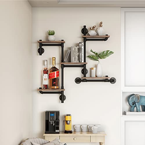 MAIKAILUN Industrial Floating Pipe Wall Mounted Shelves Rustic Modern Wood Shelving Bookcase 5 Layer Ladder Hanging Bookshelf for Home Bathroom Office Kitchen Decor(E)