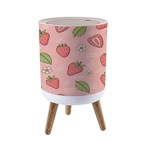 IKFLWJUTFW Small Trash Can with Lid Strawberry Cute Colorful Strawberries Flowers and Leaves in 7 Liter Round Garbage Elasticity Press Cover Wastebasket for Kitchen Bathroom Office 1.8 Gallon