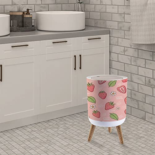 IKFLWJUTFW Small Trash Can with Lid Strawberry Cute Colorful Strawberries Flowers and Leaves in 7 Liter Round Garbage Elasticity Press Cover Wastebasket for Kitchen Bathroom Office 1.8 Gallon