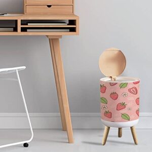 IKFLWJUTFW Small Trash Can with Lid Strawberry Cute Colorful Strawberries Flowers and Leaves in 7 Liter Round Garbage Elasticity Press Cover Wastebasket for Kitchen Bathroom Office 1.8 Gallon