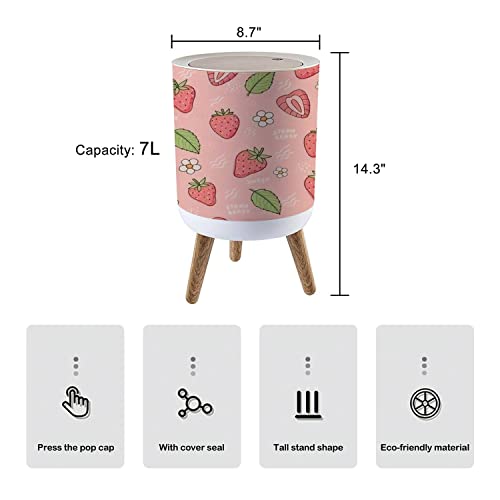 IKFLWJUTFW Small Trash Can with Lid Strawberry Cute Colorful Strawberries Flowers and Leaves in 7 Liter Round Garbage Elasticity Press Cover Wastebasket for Kitchen Bathroom Office 1.8 Gallon