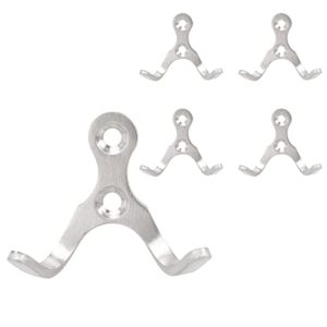 nearmoon double prong coat hooks wall mounted, heavy duty stainless steel retro double robe hanger rustproof wall hooks for towel hat key bag on bathroom, kitchen, bedroom, 5 pack, brushed nickel