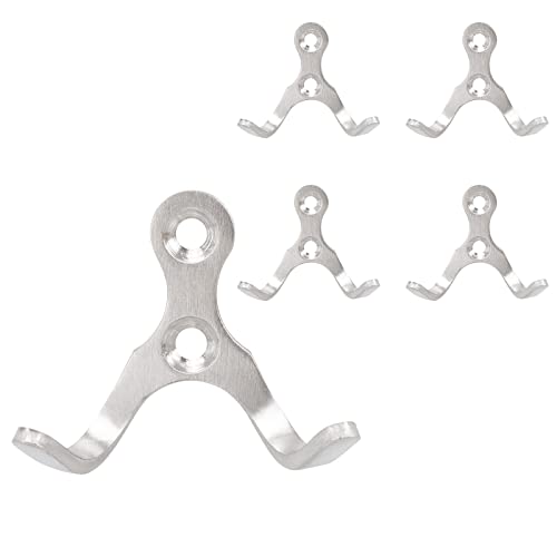 NearMoon Double Prong Coat Hooks Wall Mounted, Heavy Duty Stainless Steel Retro Double Robe Hanger Rustproof Wall Hooks for Towel Hat Key Bag on Bathroom, Kitchen, Bedroom, 5 Pack, Brushed Nickel