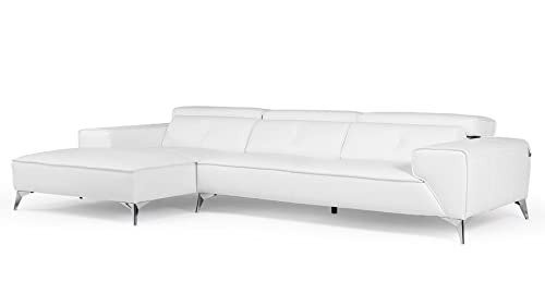 Zuri Furniture Raj Modern White Leather Sectional with Adjustable Headrests and Chaise - Left Chaise