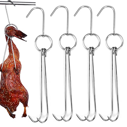 NUOMI 4 Pcs Stainless Steel Meat Hooks with Double Hook Poultry Roast Duck Bacon Hanging Hook Grill Hanger for Drying, Cooking, BBQ, L-13.2 ”, Cooking Utensils, Namely, Grills