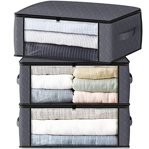 HomeHacks Storage 3-Pack Clothes Organizer Storage Bags Foldable Storage Box with Large Clear Window Sturdy Handles for Closet, Dorm, Pillows, Bedding, Clothes, Stuffed Toys, Blankets, 35L, Grey