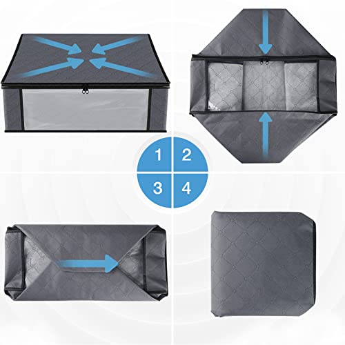 HomeHacks Storage 3-Pack Clothes Organizer Storage Bags Foldable Storage Box with Large Clear Window Sturdy Handles for Closet, Dorm, Pillows, Bedding, Clothes, Stuffed Toys, Blankets, 35L, Grey