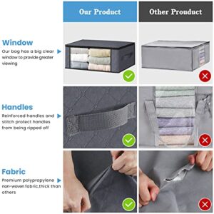 HomeHacks Storage 3-Pack Clothes Organizer Storage Bags Foldable Storage Box with Large Clear Window Sturdy Handles for Closet, Dorm, Pillows, Bedding, Clothes, Stuffed Toys, Blankets, 35L, Grey