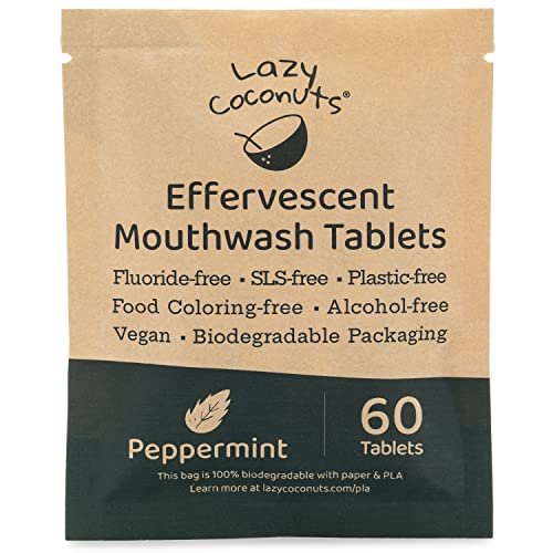 Lazy Coconuts Mouthwash Tablets - Enhanced Flavor - Effervescent with Peppermint, Baking Soda and Thymol - Fluoride Free, Alcohol-Free, Vegan, Eco Friendly Natural Solid Mouthwash Tabs, Great For Kids