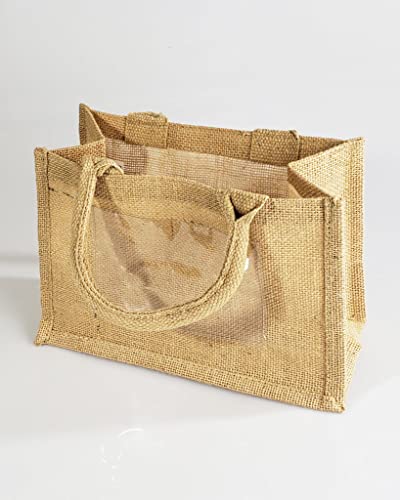 TBF Sturdy Cute Natural Jute Burlap Small Rustic Wedding Welcome Gift Bags with Clear Front Pocket (12 Pack)