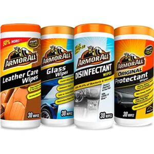 armor all interior car cleaning wipes kit, disinfects, protects, and cleans car interiors, includes leather care wipes, glass wipes, disinfectant wipes, and protectant wipes, 4 count