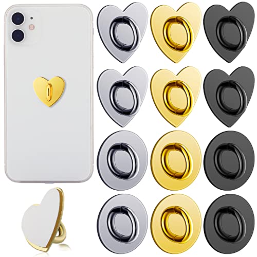 12 Pcs Phone Charm Hook Phone Charms Adhesive Metal Phone Finger Grip Cell Phone Finger Ring Loop Stand for DIY Hanging Round and Heart Phone Holder Cute Phone Keychain Accessories Gold Silver Black