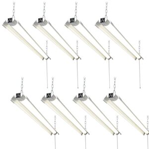 8 pack 4ft 48w led shop light for workshop garage,led ceiling light, plug in linkable utility light fixtures,5000k cool white, 5280 lm, frosted lens, pull chain (on/off), hanging/mounted 120v