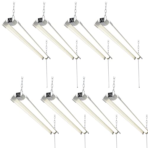 8 Pack 4FT 48W LED Shop Light for Workshop Garage,LED Ceiling Light, Plug in Linkable Utility Light Fixtures,5000K Cool White, 5280 LM, Frosted Lens, Pull Chain (ON/Off), Hanging/Mounted 120V