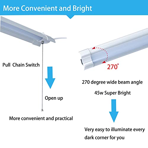 8 Pack 4FT 48W LED Shop Light for Workshop Garage,LED Ceiling Light, Plug in Linkable Utility Light Fixtures,5000K Cool White, 5280 LM, Frosted Lens, Pull Chain (ON/Off), Hanging/Mounted 120V