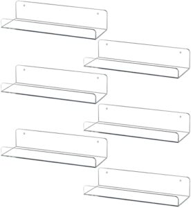 sooyee 6 pack floating shelves,15 inch acrylic shelves floating bookshelf,funko pop display shelf, invisible picture ledge wall mounted shelves,clear shelves