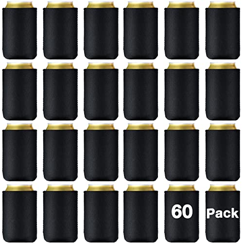 60 Packs Blank Can Cooler Sleeves Soda Can Covers Neoprene Can Sleeve Drink Insulator Sleeve Collapsible Can Coolers for Parties, Events or Weddings (Black)