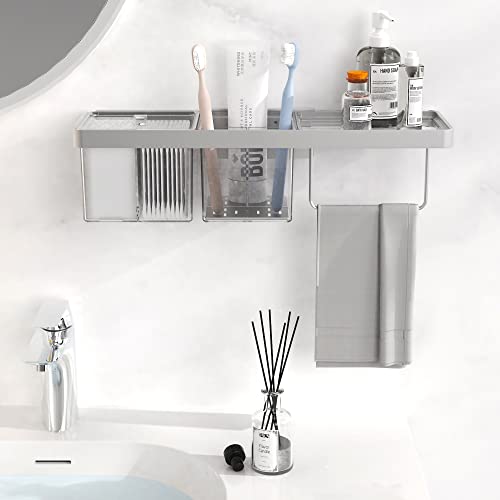 vacane Shelves Wall Mounted Bathroom Shelving Pack of 3,Wall Mounted Toiletry Organizer,Toothbrush Holder Cosmetic Organizer with Towel Holder Adhesive Bathroom Wall Caddy No Drilling