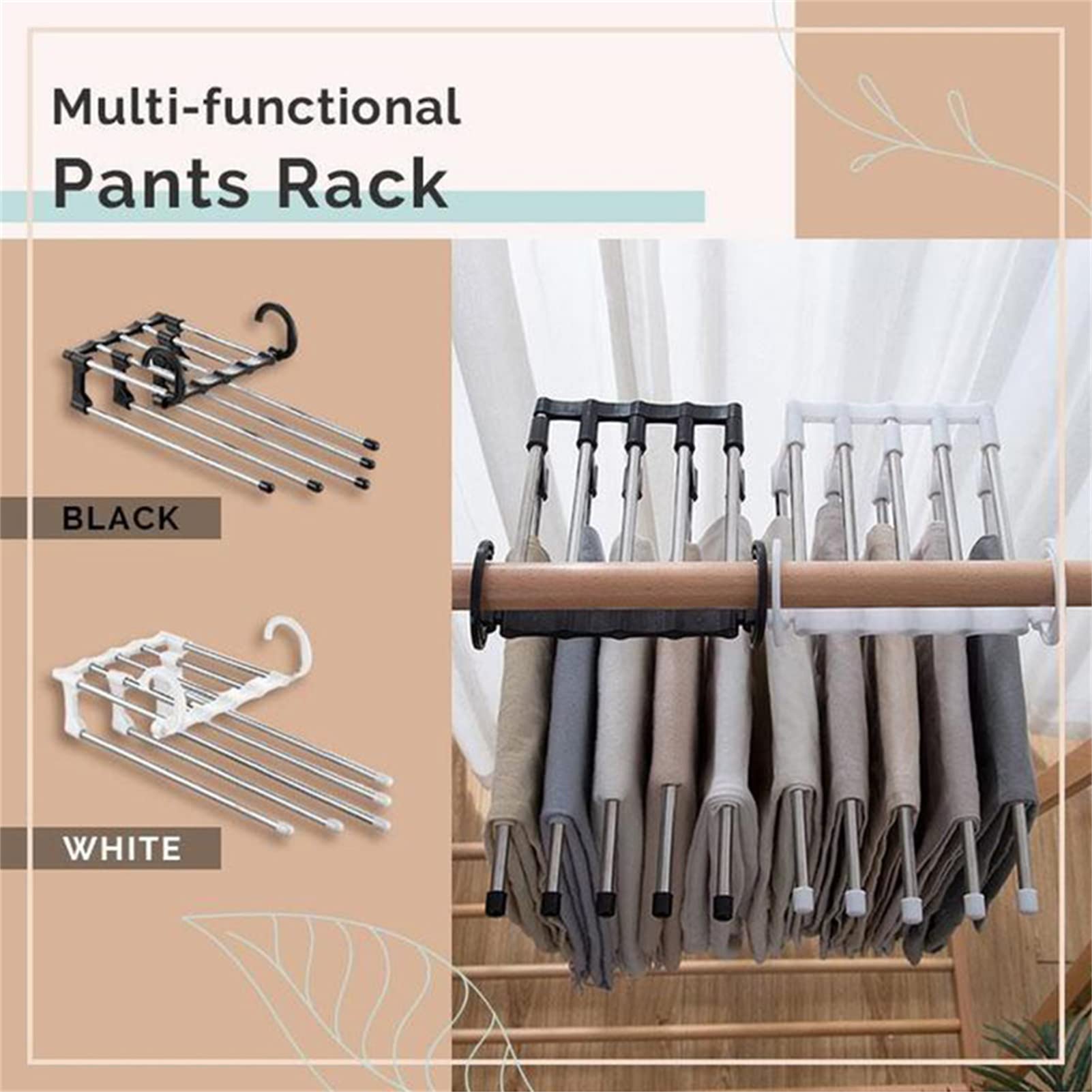 Multifunctional Pants Rack Hanger 2 Pack Pants Racks for Hanging Pants, 5 in 1 Adjustable Pant Rack Towel Shelves Closet Organizer Stainless Steel Wardrobe Magic Trouser Hangers Space Saving (Black)