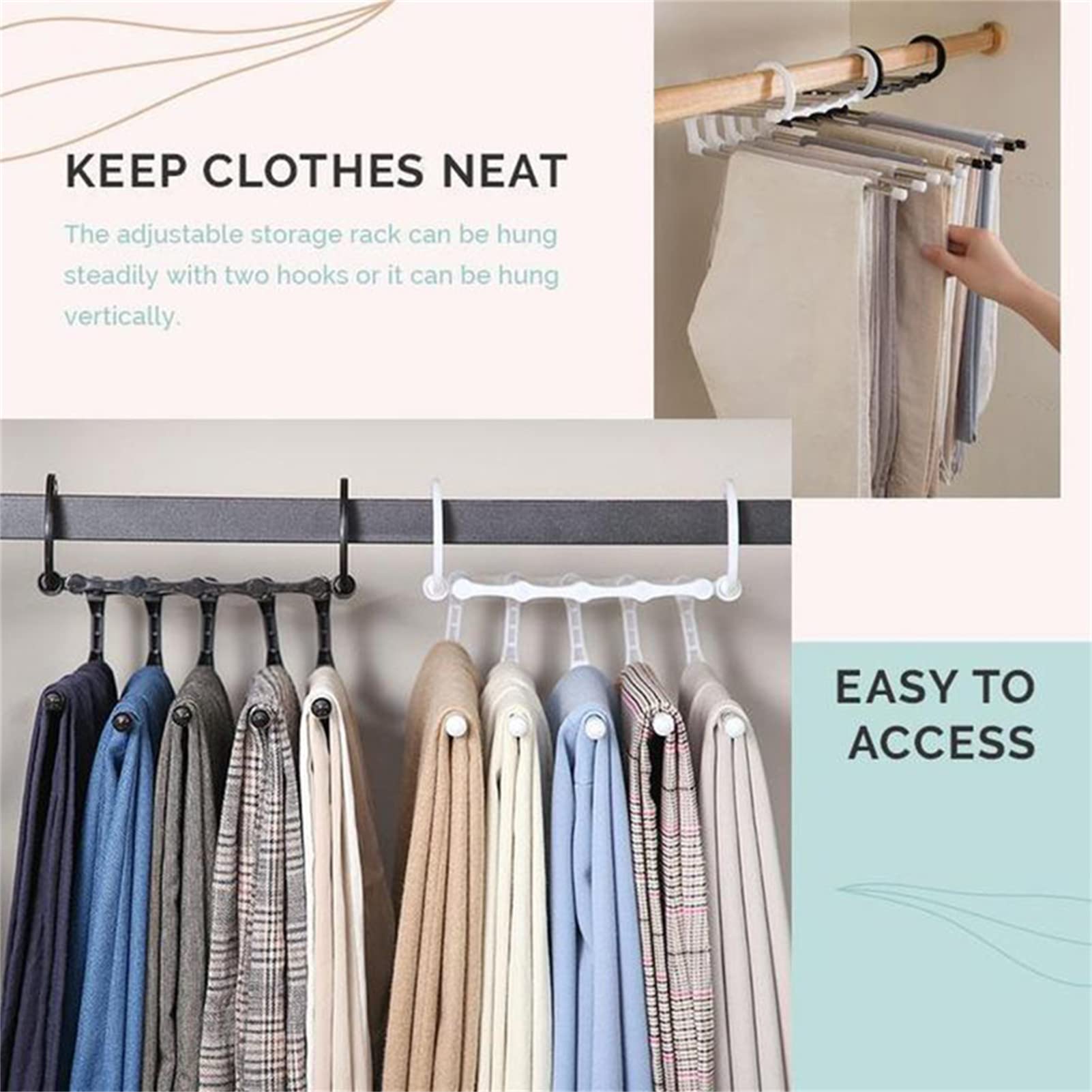 Multifunctional Pants Rack Hanger 2 Pack Pants Racks for Hanging Pants, 5 in 1 Adjustable Pant Rack Towel Shelves Closet Organizer Stainless Steel Wardrobe Magic Trouser Hangers Space Saving (Black)