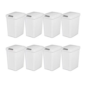 sterilite 10438004 7.5 gallon slim profile touchtop wastebasket with titanium latch, fits 8 gal trash can bags, locks in garbage bin odors, white 8 ct