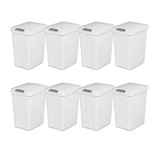 Sterilite 10438004 7.5 Gallon Slim Profile TouchTop Wastebasket with Titanium Latch, Fits 8 Gal Trash Can Bags, Locks in Garbage Bin Odors, White 8 Ct