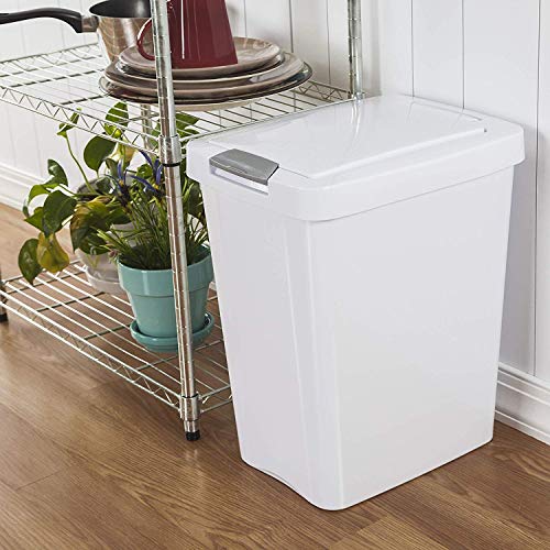 Sterilite 10438004 7.5 Gallon Slim Profile TouchTop Wastebasket with Titanium Latch, Fits 8 Gal Trash Can Bags, Locks in Garbage Bin Odors, White 8 Ct